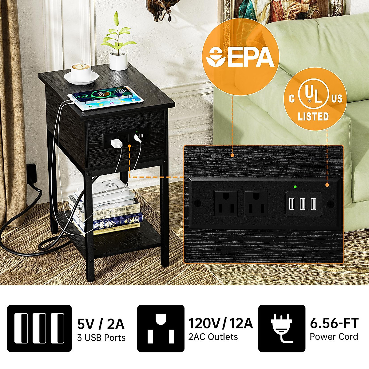 SZLHANJZ Narrow Nightstand, Small End Table with Charging Station, Bedside Table with Storage and Shelf for Small Spaces, 2 Tier Side Table for Living Room Bedroom, Black