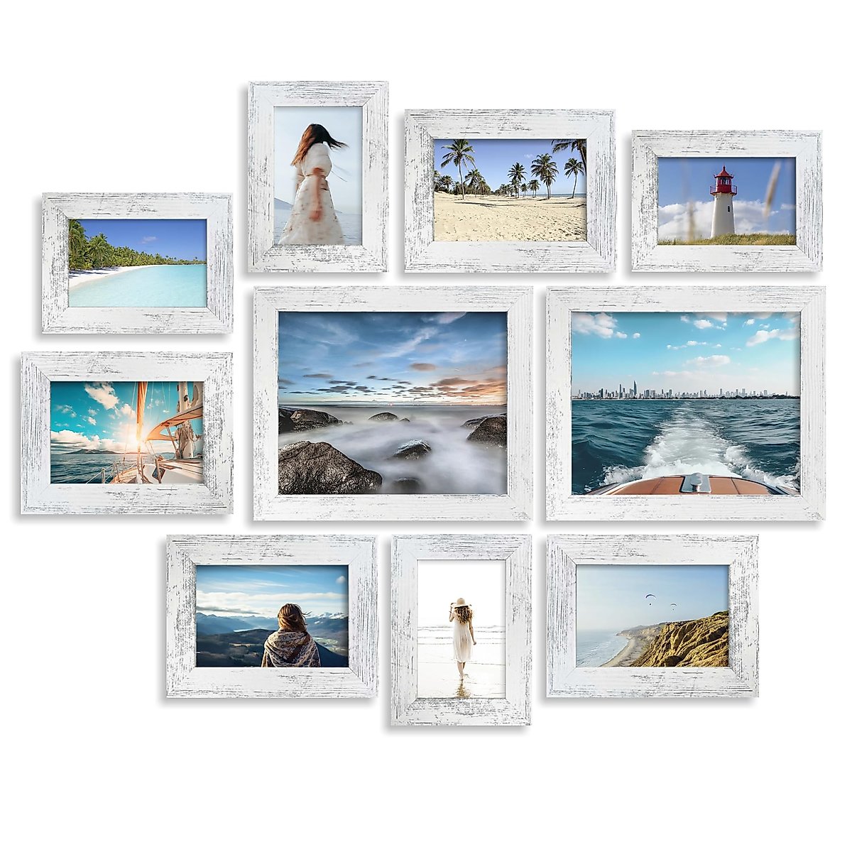 iRahmen Picture Frames 10 Pack, Gallery Wall Collage frame with Two 8x10, Four 5x7, Four 4x6, Photo Frame set for Hanging or Tabletop Display, Real Glass, Distressed White