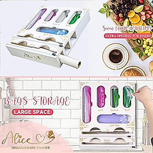 Alice 7 IN 1 Ziplock Bag Storage Organizer for Kitchen Drawer and Plastic Wrap Dispenser with Cutter | Bamboo Foil and Plastic Wrap Organizer | Compatible with Gallon, Quart, Sandwich, Snack
