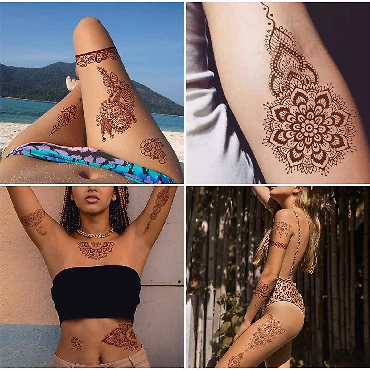 Henna Temporary Tattoo, Flash Bride Wedding Tattoos White Lace Tattoo Waterproof Body Fake Tattoo Henna Tattoo Stickers for Women Festival Clothing Accessories (Brown)