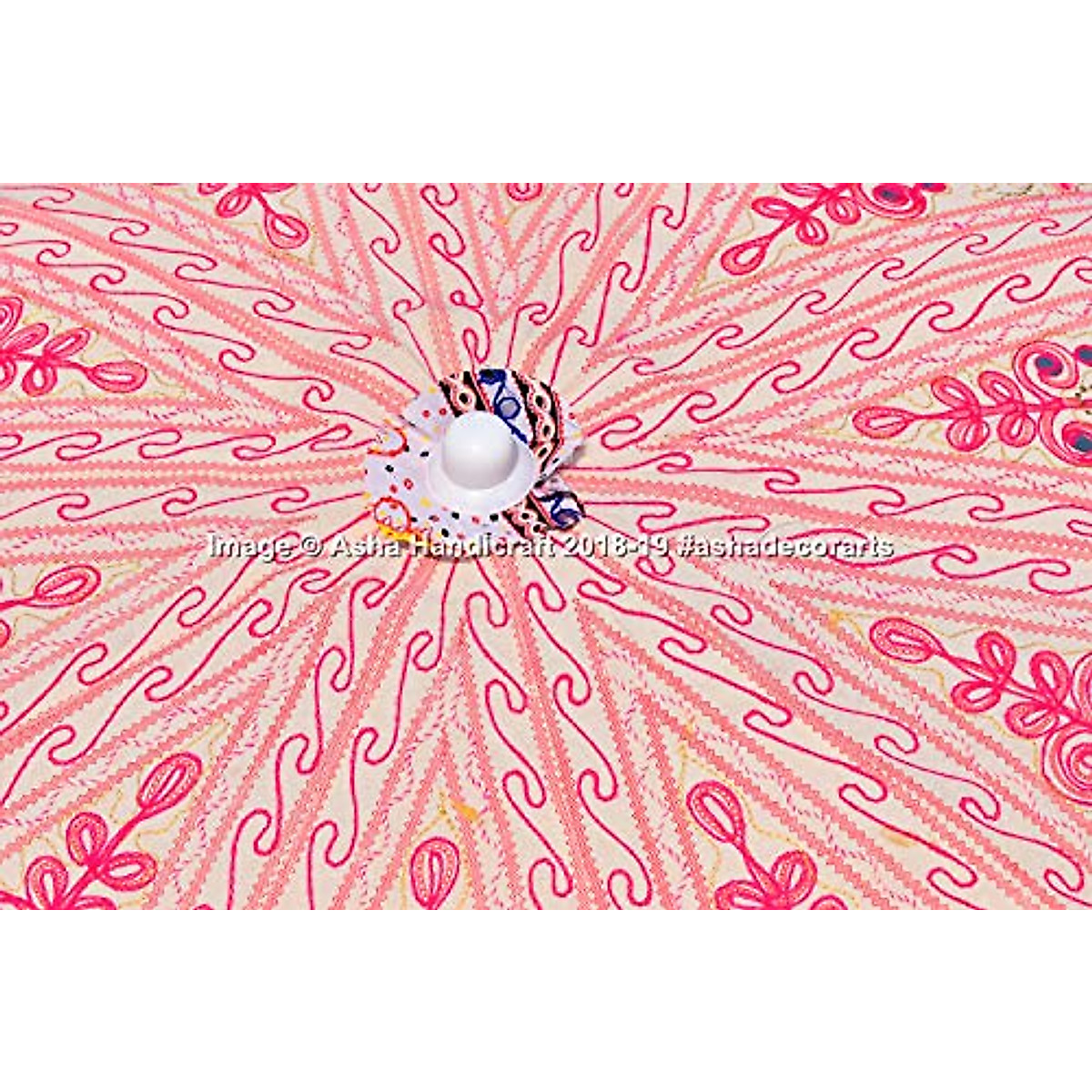 Asha Handicraft 72" Indian Handmade Embroidered Elephant Garden Umbrella, Large Outdoor Patio Parasols, Beach Umbrella Sun Shade Wedding Decorative Umbrellas (Large, White & Pink)