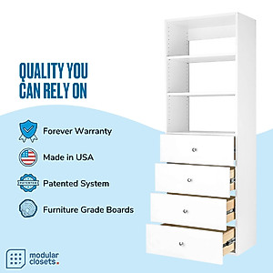 Closet Shelves Tower - Modular Closet System With Drawers (4) - Corner Closet System - Closet Organizers And Storage Shelves (White, 31.5 inches Wide) Closet Shelving