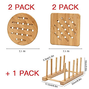 5 Pack Trivets for Hot Pots and Pans with Plate Rack Holder Set - Natural Bamboo Hot Pad No-Slip Design - Bamboo Trivets for Hot Dishes, Pot, Bowl, Teapot(2 Square 2 Roundness 1 Storage Rack)