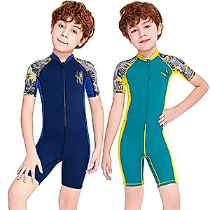 Youth Boys Girls One piece Short Sleeve Rash Guard Swimsuit UPF 50+ UV Quick Dry Sun Protective Sunsuit Swimwear