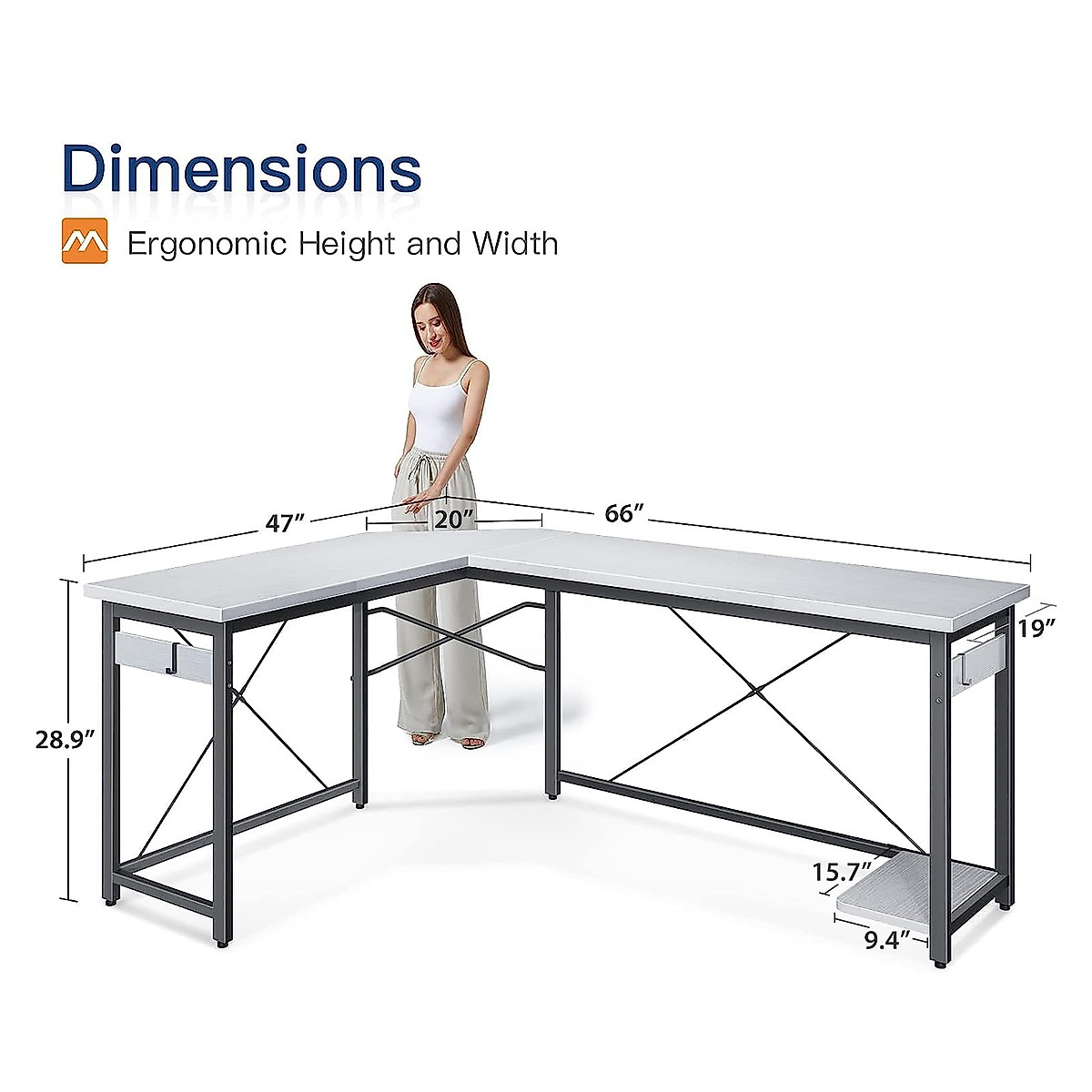 Coleshome 66" L Shaped Gaming Desk, L Shaped Desk, Computer Desk, Gaming Desk, Writing Desk, Home Office Desk, White