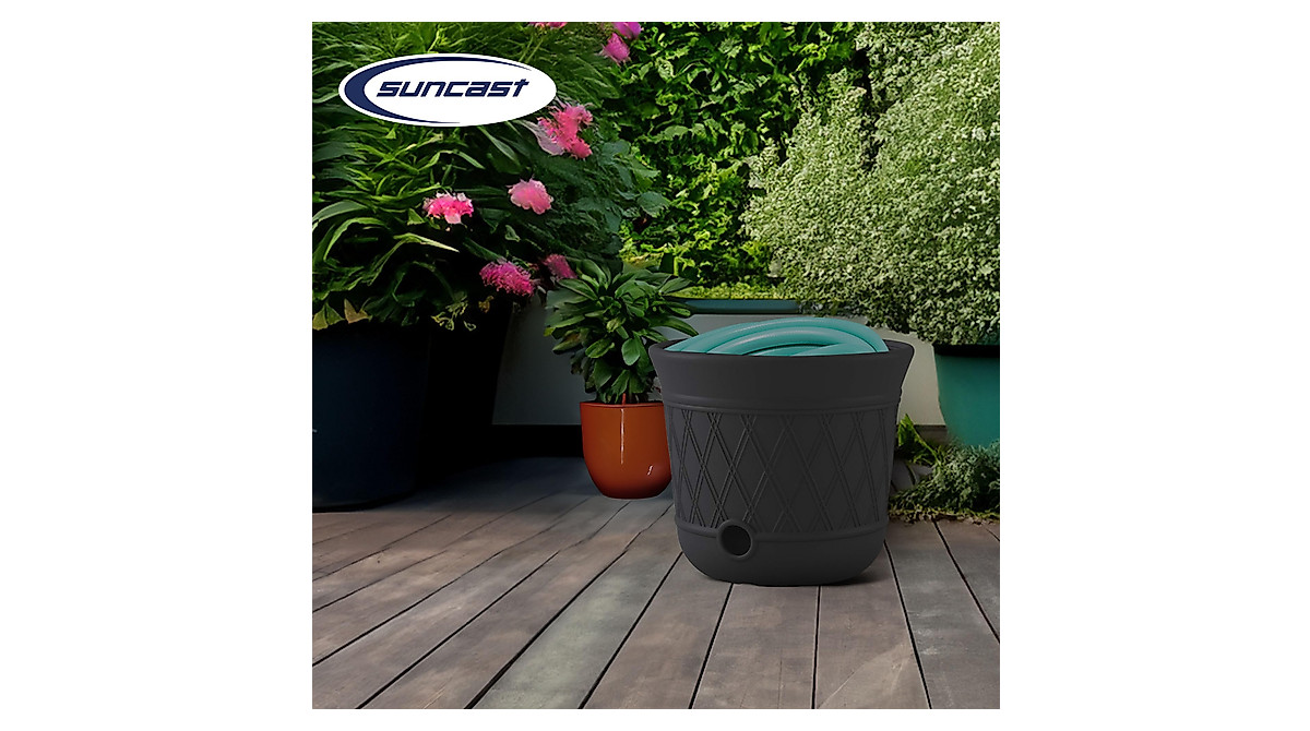 Suncast Gray Resin Outdoor Hose Storage Pot | Weatherproof & Stylish