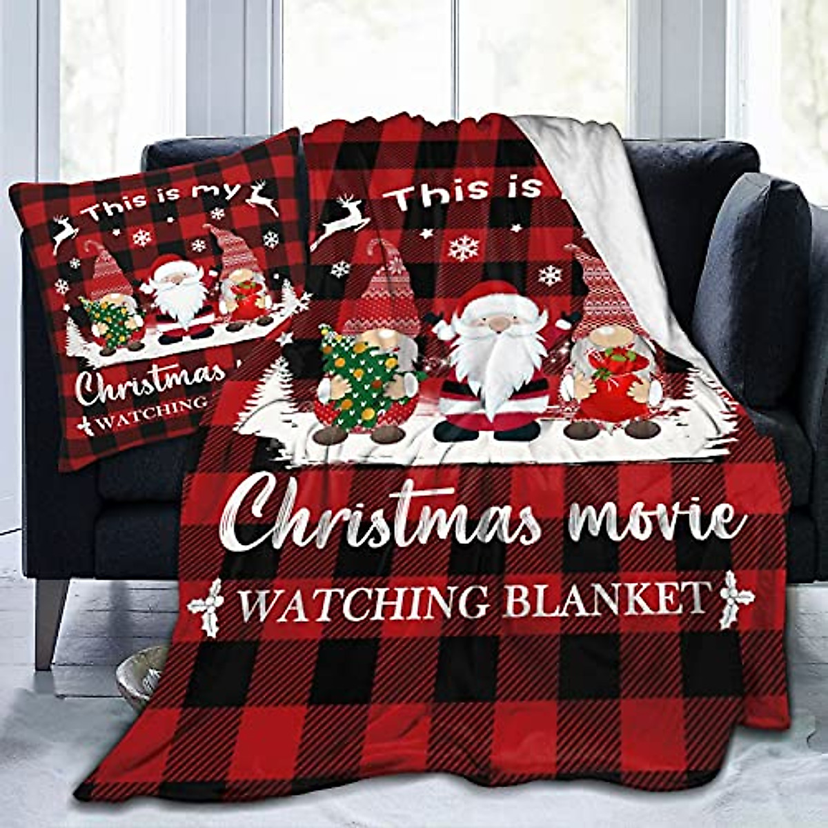 YOYICU Christmas Fleece Throw Blankets This is My Christmas Movie Watching Blanket Xmas Gnomes Red Black Buffalo Check Plaid Warm Blanket