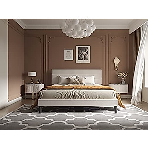 BONSOIR Bed Frame Modern Horizontal Panel Upholstered Low Profile Platform with Tufted Headboard/No Box Spring Needed/No Bed Skirt Needed/Linen Fabric Upholstery/Beige (Queen Size)