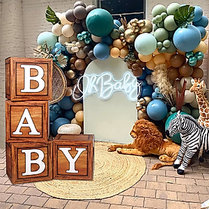 Baby Shower Decorations Baby Boxes with Letters, 4pcs Wood Baby Shower Brown Blocks with Printed BABY Letter, Gender Reveal Decorations, Woodland Baby Shower Girl Boy,Teddy Bear Theme Party