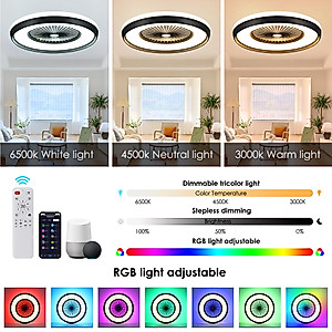 HUMHOLD 24" Low Profile Ceiling Fans with Lights - Smart Bladeless Ceiling Fan with Voice/APP Control Dimmable Color Chaning LED-RGB Back Ambient Light, Flush Mount Ceiling Fans Black
