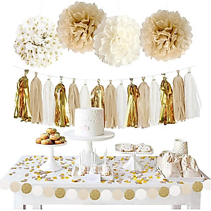 Upgraded Gold White Birthday Party Decorations for Girls Women Men with Happy Birthday Sash,Banner,Tissue Pompoms,Circle Dots Garland,Paper Tassels Garland, cake topper for Her Birthday Decor