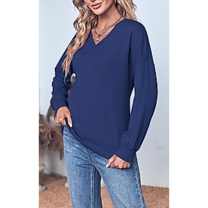 FMEYOA Pullover Sweatshirt for Women Long Sleeve V-Neck Casual Solid Fall Spring Lightweight Shirts Tops