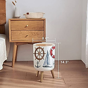Trash Can with Lid Watercolor Hand Drawn Nautical Marine with Lighthouse Lifebuoy Anchor Press Cover Small Garbage Bin Round with Wooden Legs Waste Basket for Bathroom Kitchen Bedroom 7L/1.8 Gallon