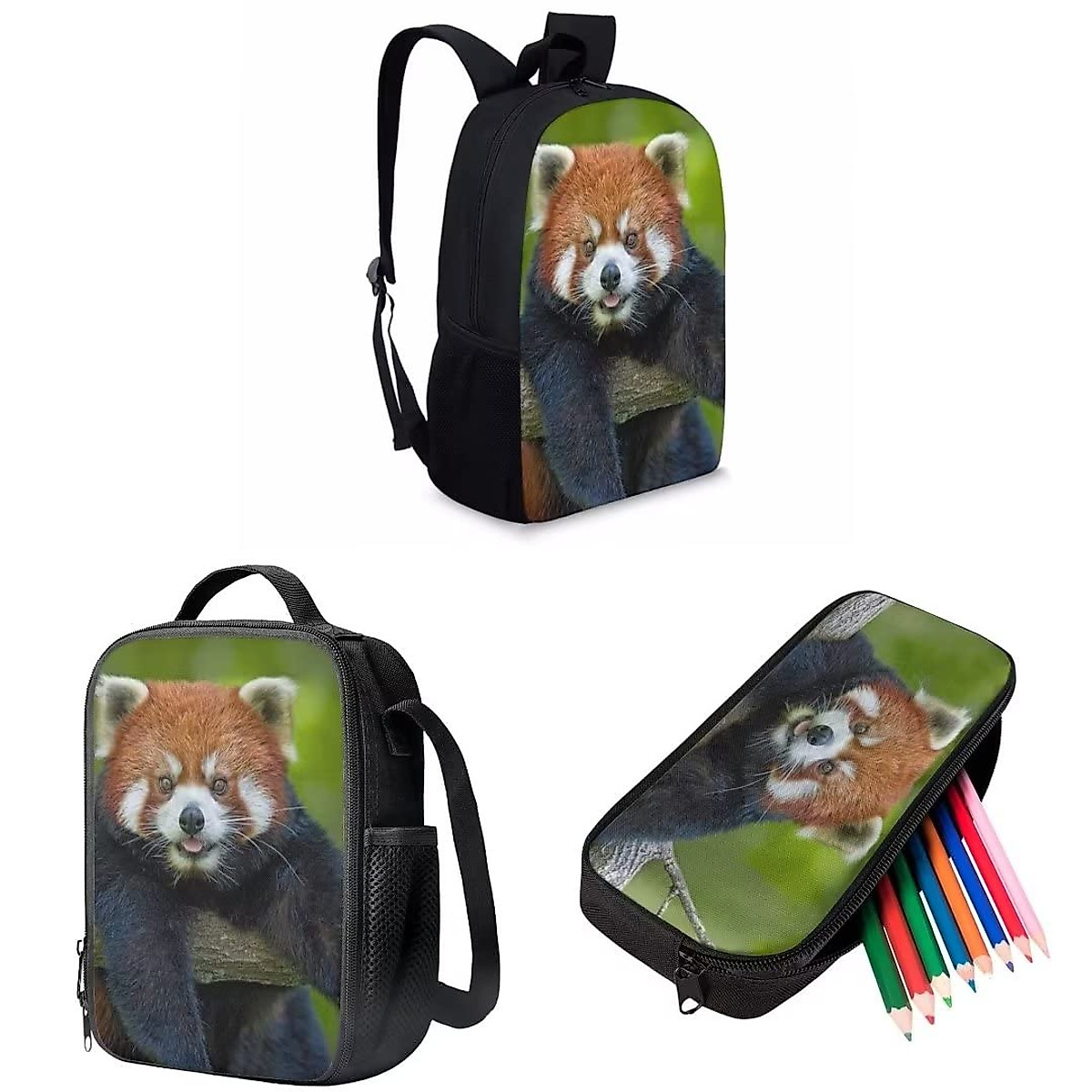 AmzPrint Carry On Lightweight 3 In 1 Cute Red Panda Backpack With Lunch Box For Elementary Middle School Kids Boys Girl