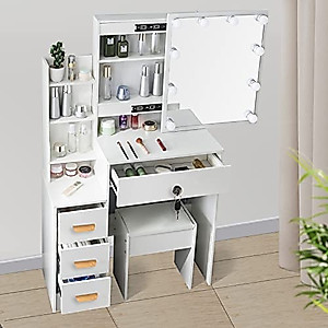 White Makeup Vanity Desk Set with Lighted Mirror, Large Vanity Dressing Table with Drawers & Stool for Women, Girls Bedroom Set