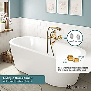gotonovo Wall Bathtub Faucet Set with HandHeld Shower Spray Antique brass Double Cross Handle 2 Functions Wall Mount 360 Swivel Mixer Tub Filler Spout Vintage Bathroom