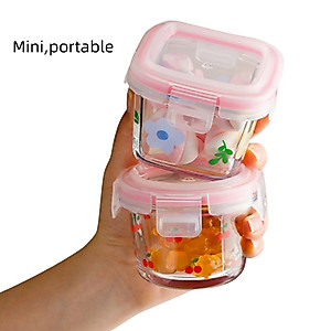 Ivymei 2 Pack Mini Square Round Glass Containers with lids,Small Floral Food Storage Contaiers Glass Food Jars for Food Portion,Dipping Sauce,Snack,Yogurt,Leakproof,Microwave Freezer Safe