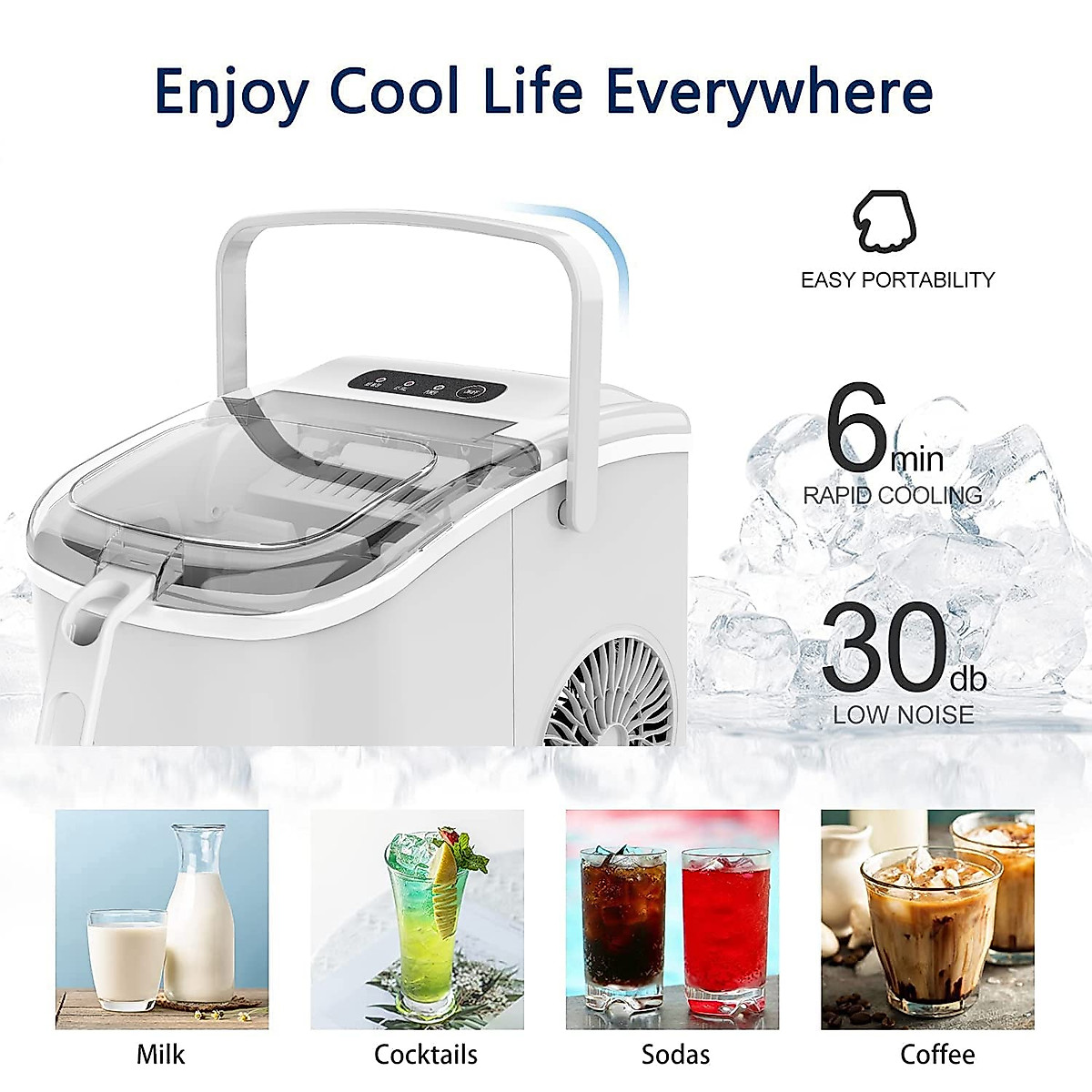 Joy Pebble Bullet Ice Maker Countertop with Handle,9 Bullet Ice Cubes Ready in 6 Mins,26Lbs/24H, Self-Cleaning Portable Ice Machine with Basket and Scoop, for Home/Kitchen, White