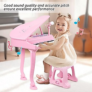 Kids Piano Keyboard Toys 37 Keys,Grand Piano for Beginners,3 4 5 6 Years Old Toddler Girl Boy Gift,Educational Musical Instrument,w/Microphone,Stool,Piano Lid,Lights,Note Stickers,Enamel Finish- Pink
