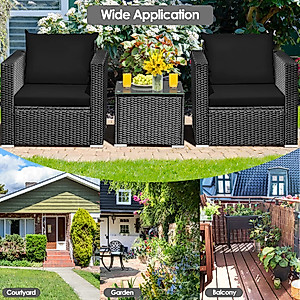 DORTALA 3 Pieces Patio Furniture Set, Outdoor Rattan Sofa Set with Cushions, Tempered Glass Tabletop, Wicker Conversation Furniture Set for Backyard, Garden, Poolside, Balcony, Black
