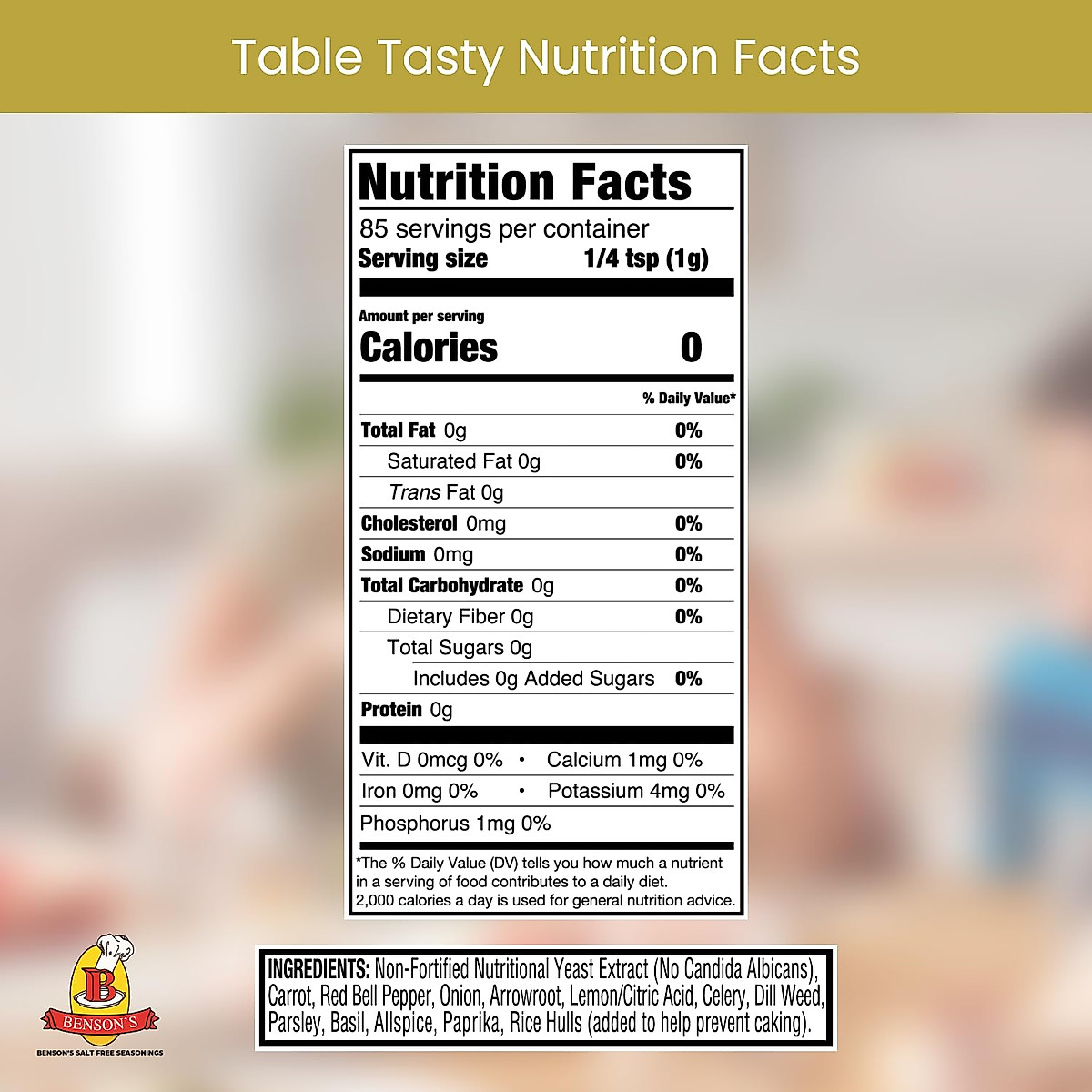 Benson’s - Table Tasty Salt Substitute, Salt-Free Gourmet Popcorn Seasoning, No Sodium, No Potassium Chloride, No MSG, Gluten Free, 3oz Bottle With Shaker Top