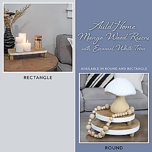 AuldHome Design Farmhouse Round Wooden Risers (Set of 2, White Trim), Rustic Decorative Risers for Display w/ Natural Mango Wood and Enamel Trim