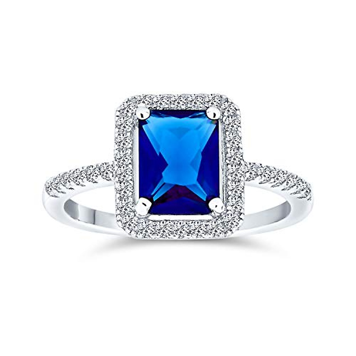 Bling Jewelry 3CT AAA CZ Pave Band Rectangle Solitaire Halo Blue Simulated Sapphire Emerald Cut Engagement Ring For Women .925 Sterling Silver