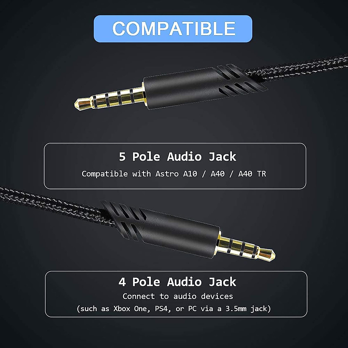 SAMERIVER A10 Cord Replacement with Volume Control, A40 Cable Works with A40 /A40 Gaming Headset Cable, A10 Headset Cable for Xbox One, PS4, PC, Most Smartphones -Braided Black 6ft