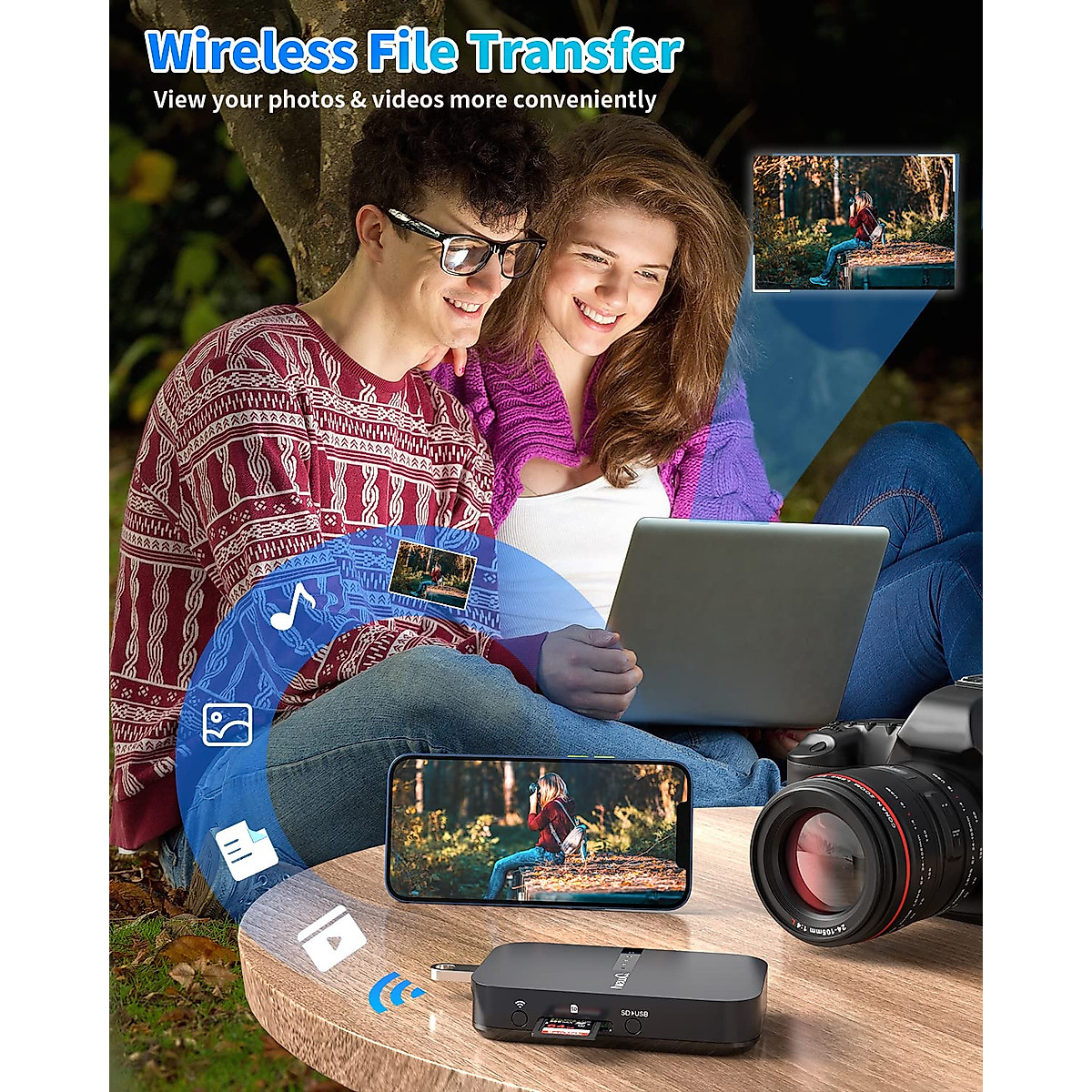 NewQ Filehub AC750 Travel Router: Portable Hard Drive SD Card Reader & Mini WiFi Range Extender for Travel | Wireless Access External Harddrive & USB Storage Device to Backup Photo & Files from iPhone