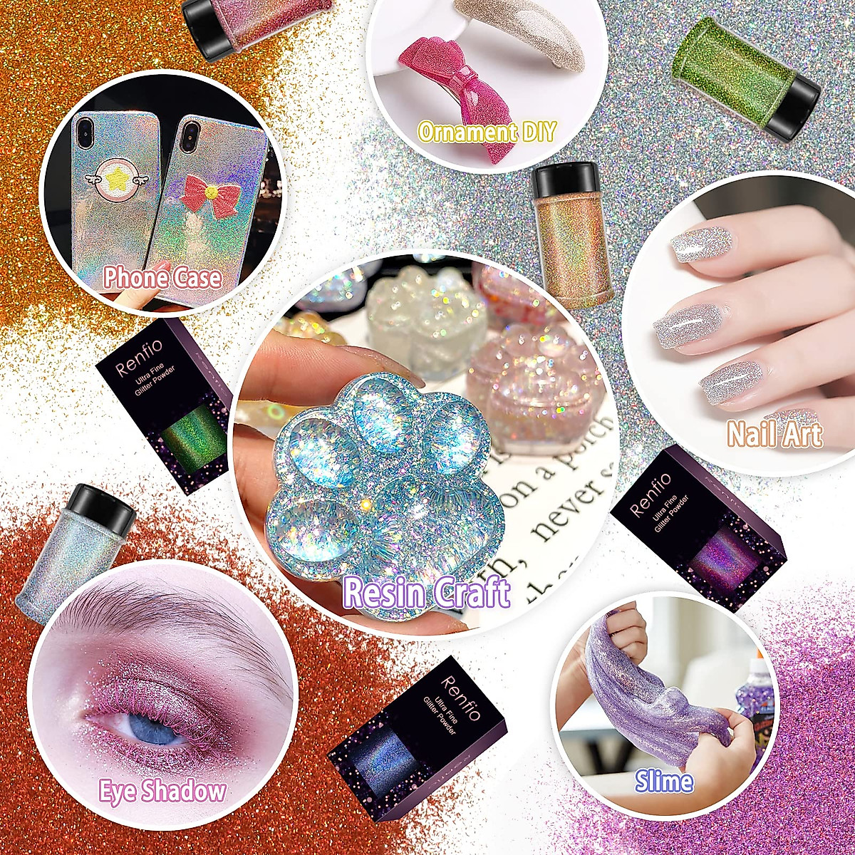 Renfio Holographic Ultra Fine Glitter Powder Metallic Resin Glitter PET Flakes Crafts Sequins 1/128" 0.008" 0.2mm Epoxy Chips Flakes for Tumblers Slime 1.75 Oz (50g) - Laser Black