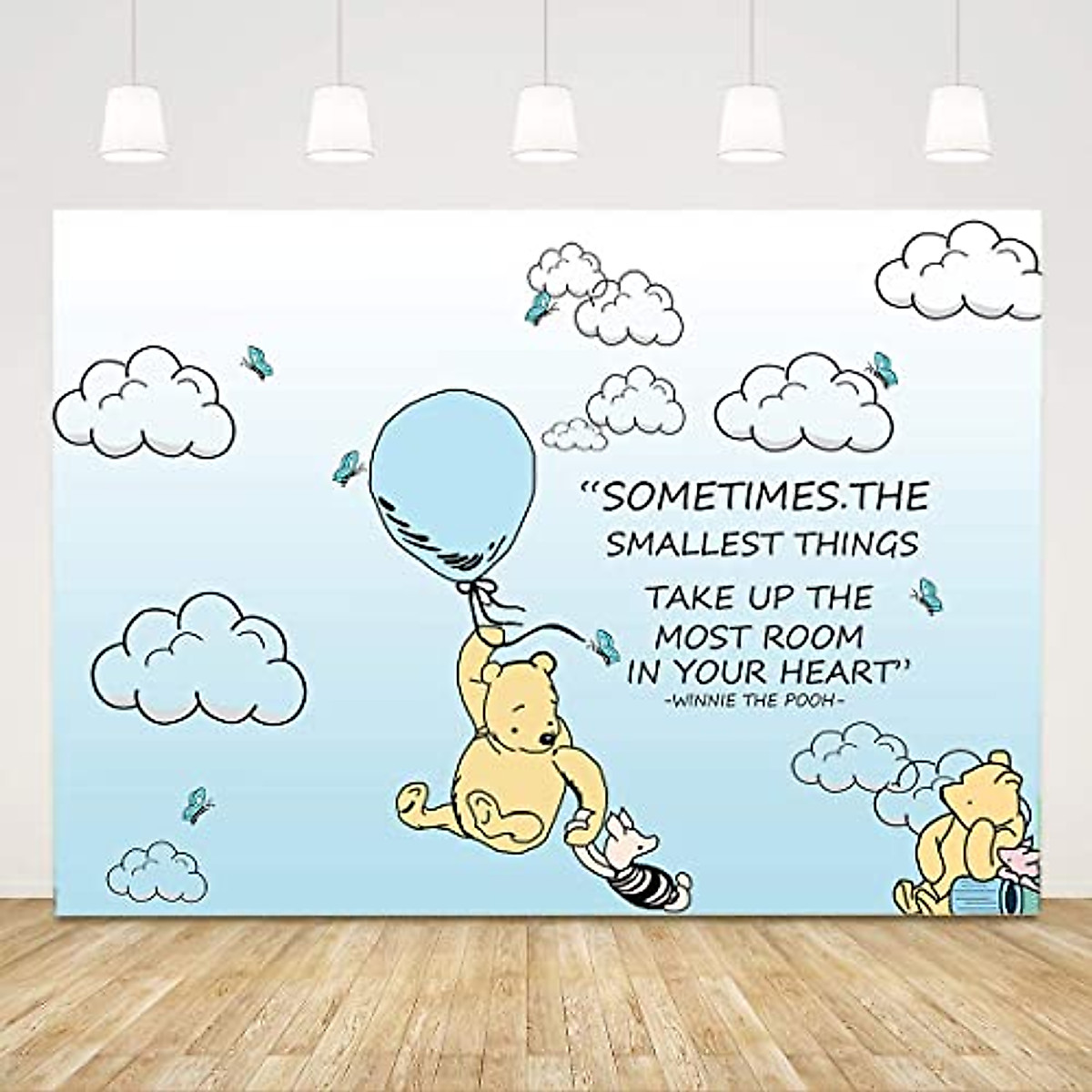 TJ Wininie The Pooh Backdrops Light Blue Hot Air Kids Baby Shower Birthday Party Photography Background White Clounds Butterfly Newborn Photo Studio Booth Props Banner 7x5ft Vinyl