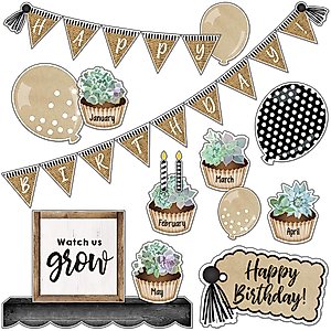 Schoolgirl Style Birthday Bulletin Board Set, Simply Stylish Classroom Decorations, 79 Pieces