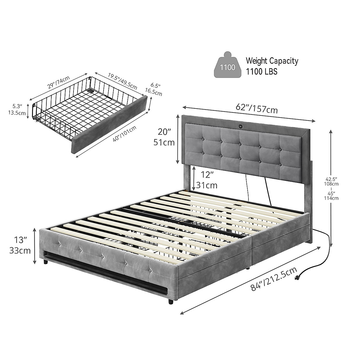 YITAHOME Queen Size LED Bed Frame, Storage Bed Frame with 4 Drawers & USB Ports, Upholstered Platform Bed with Velvet Headboard, Footboard and Built-in LED lights, No Box Spring Needed, Gray