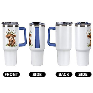 Cute Highland Cow with Flowers Insulated Tumbler with Lid And Straw Stainless Steel Travel Coffee Mug 40oz Deep Blue-style