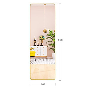 Cozybedin Square Rounded Corners Full Length Mirror Floor Mirror, Bedroom Mirror ，Dressing Mirror with Aluminum Alloy Frame，65" x 22" (Gold)