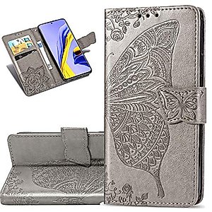 COTDINFORCA Case for Redmi Note 9 Pro, Redmi Note 9S Case Flip Card Cash Leather Wallet Case Embossed Butterfly PU Shockproof Case Cover for Xiaomi Redmi Note 9 Pro Max SD Flower Butterfly Gray