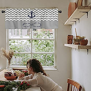 Artwork Store Valances Windows Curtain Blue Anchor Gary and White Zig Zag Pattern Kitchen Valances Rod Pocket Window Treatment Short Curtains Valance for Window 1 Panel,60 by 18 inches