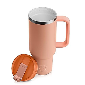 RTIC 40 oz Road Trip Tumbler Double-Walled Insulated Stainless Steel Portable Travel Coffee Mug Cup with Lid, Handle and Straw, Ceramic-Lined, Salmon