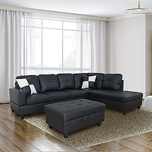 ERYE L-Shaped Corner 5 Seaters Sectional Sofa Chaise & Storage Ottoman,Modern Faux Leather Sectional&Sofa Couch with 2 Pillows for Home Office Apartment Living Room Furniture Sets, Black PU Left