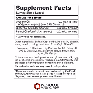 PROTOCOL FOR LIFE BALANCE - Oregano Oil - with Ginger and Fennel Oil, Helps Provide Intestinal Support, Immune System Function - 90 Softgels