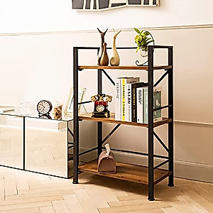 Crofy Rustic Bookshelf, 3 Tier Real Wood Bookshelf, Metal Book Shelf for Storage, Bookcase for Office Organization and Storage, 12.6 D x 23.62 W x 36.61 H Inches, Black