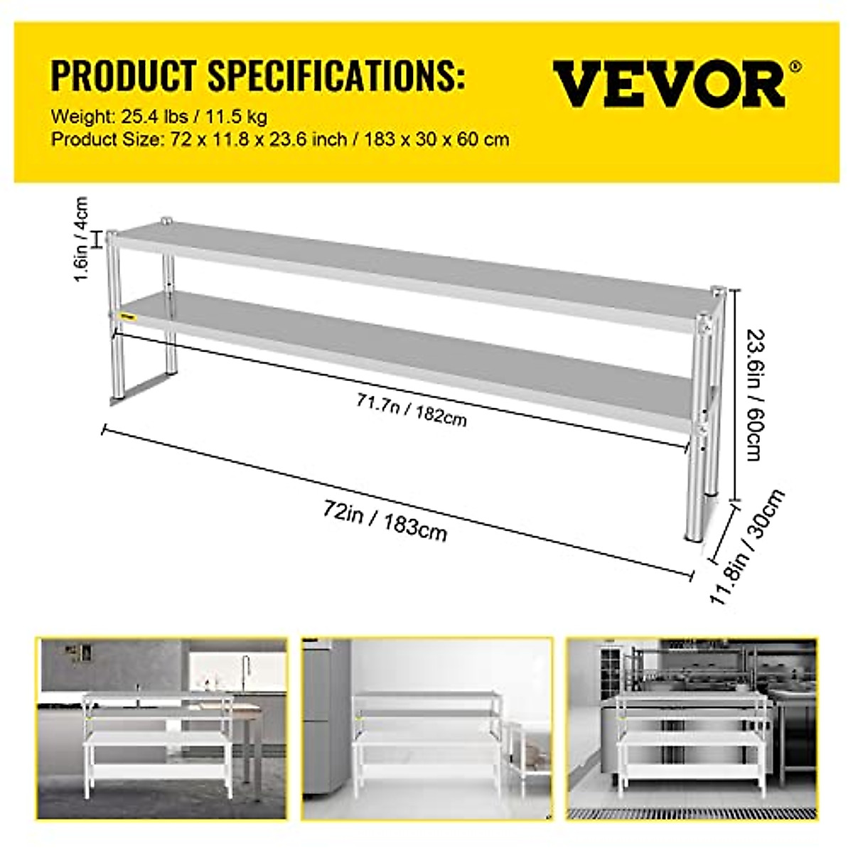 VEVOR Double Overshelf, Double Tier Stainless Steel Overshelf, 72 in Length x 12 in Width Double Deck Overshelf, Height Adjustable Overshelf for Prep & Work Table in Kitchen, Restaurant and Workshop