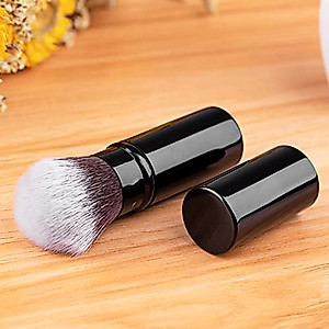 RN BEAUTY Retractable Kabuki Brushes Foundation Brush Powder Brush Blush Brush Extensible Makeup Brush Face Blender Brush Professional Mineral Blending Buffing Concealer Brush Aluminum Case Portable With Cover (Round Top, Black)