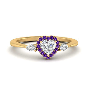 55Carat Halo Pear Accent Diamond Ring yellow gold plated Natural Amethyst Heart shape purple color Petite Engagement Rings prong Setting in Size 8 Party Wear Daily Wear Ornament