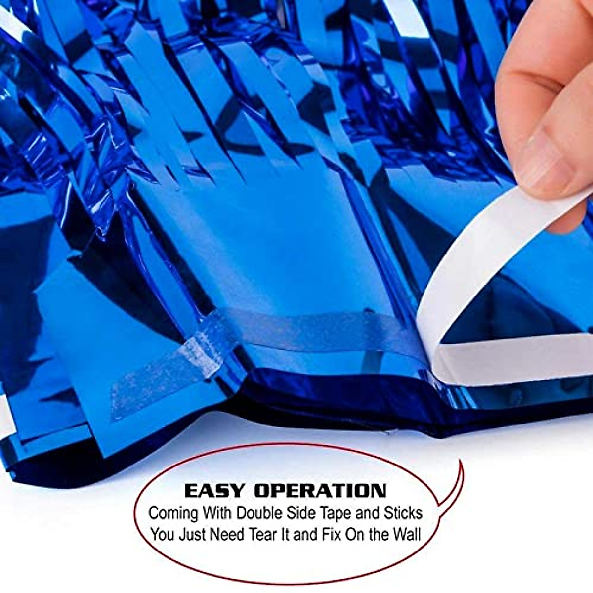 HalloweenDecorate 4 Pack Blue Foil Fringe Curtain Backdrop, 3.28Ftx8.2Ft Metallic Tinsel Streamers for Sea Party, Photo Booth Props, Birthday, 2022 Summer Ocean Theme Party Decoration Supplies