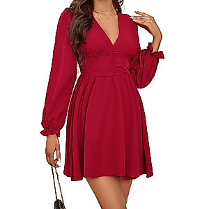 Umenlele Women's V Neck Ruched Ruffle Puff Long Sleeve Cocktail Flowy Mini Short Dress Cherry Small