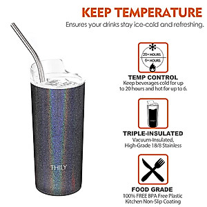 THILY Stainless Steel Insulated Skinny Tumbler 16 oz Vacuum Insulated Coffee Cup with Splash-proof Lid, Straw, Keeps Ice Drinks Cold, Glitter Gray