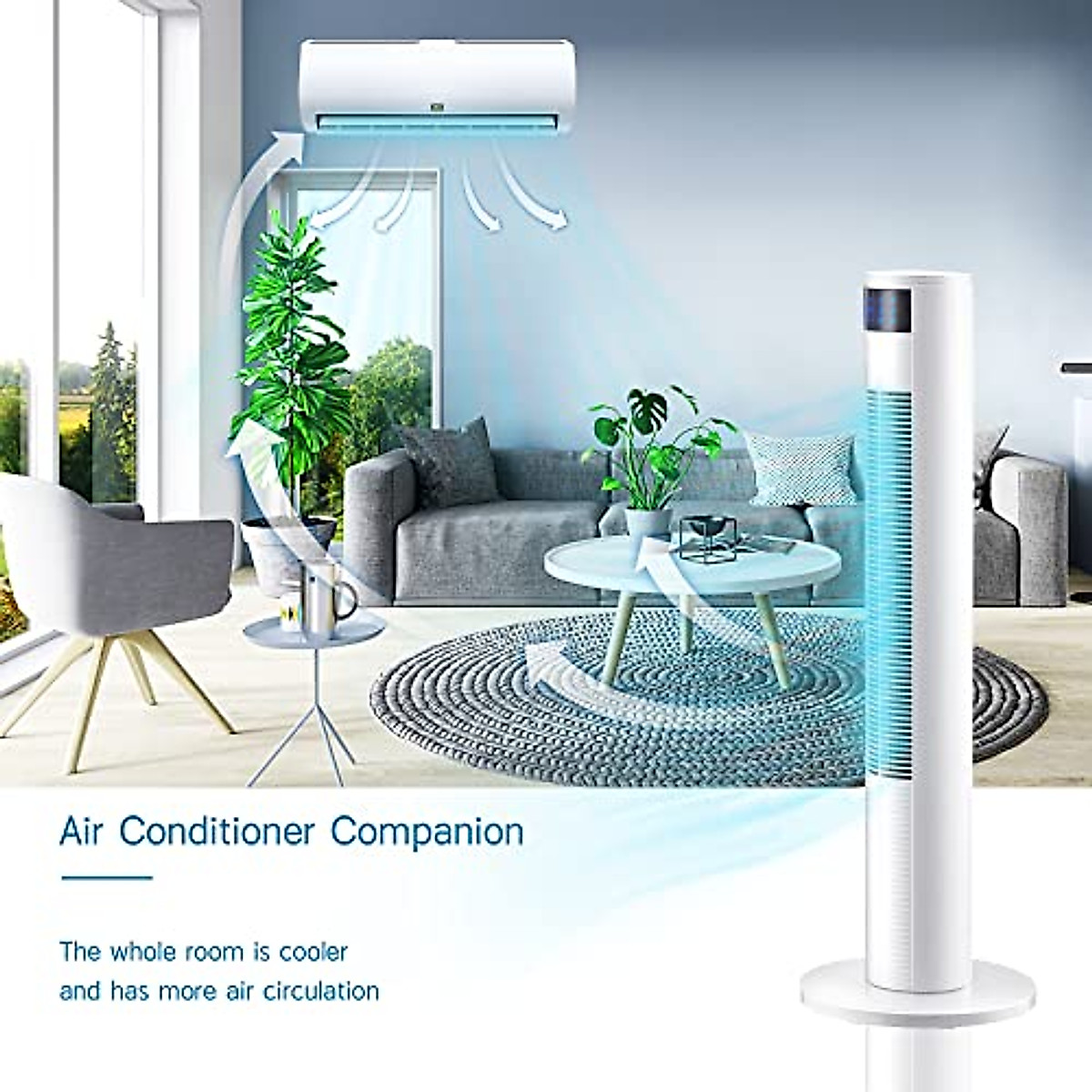 AKIRES 35” 70° White Oscillating Tower Fan 7H Timer,3 Speeds,3 Modes,Portable Electric Quiet Cooling Fan Standing Bladeless Floor Fans with Remote and LED Display for Office,Bedroom, Living Room