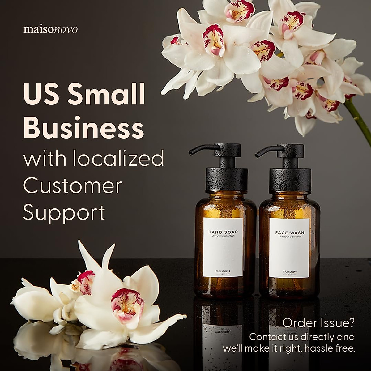 MaisoNovo 14 oz Amber Glass Foaming Soap Dispenser with Black Pump + Mixed 4 Pack Foaming Hand Soap Refill Tablets