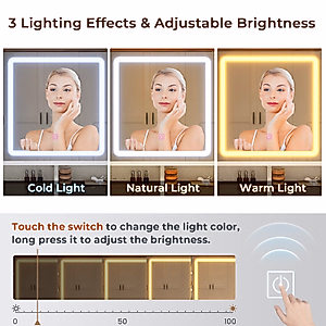 BTHFST Farmhouse Vanity with Glass Top & Charging Station, Vanity Desk with Touch Screen Mirror and Lights, Makeup Vanity with 5 Drawers & Shelves & Cabinet, Antique White